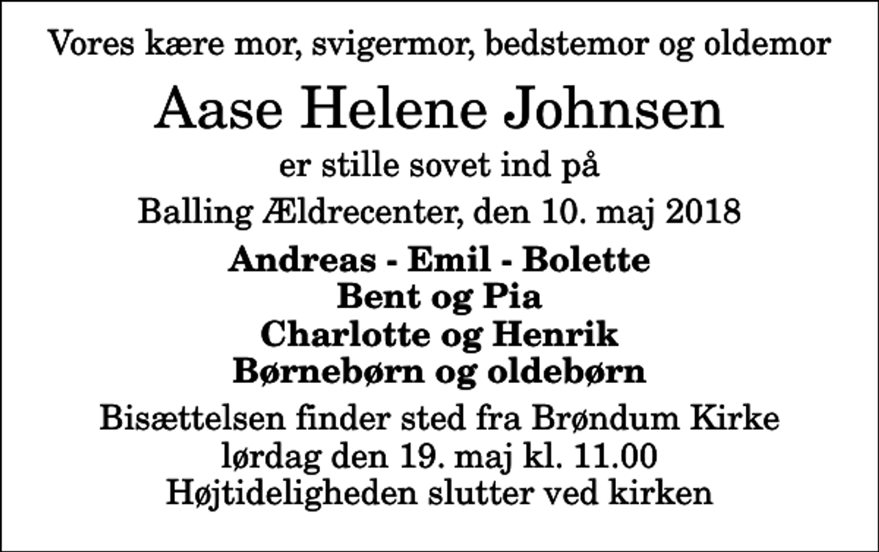 Aase Helene Johnsen | Dødsannoncer i Danmark