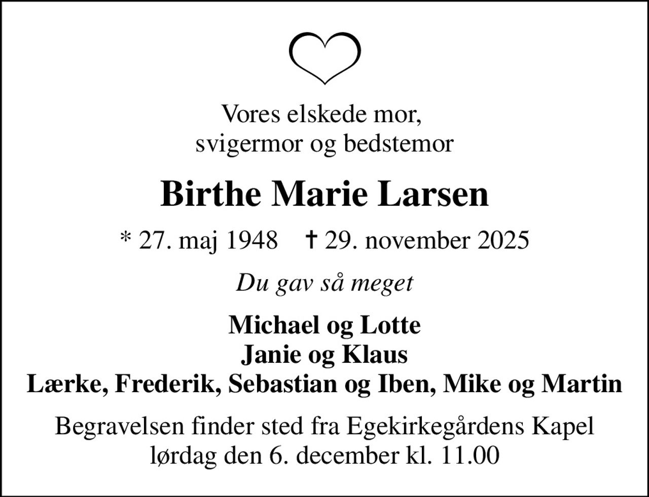 Birthe Marie Larsen | Danmarks største medie for mindesider og dødsannoncer