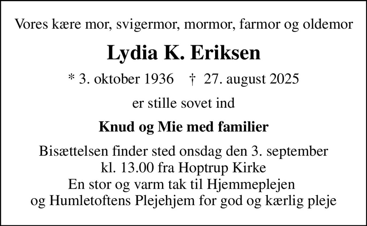 Lydia Kathrine Eriksen | Danmarks største medie for mindesider og ...
