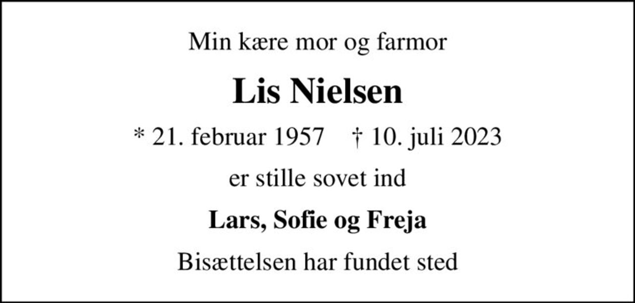 Lis Nielsen | Danmarks største medie for mindesider og dødsannoncer