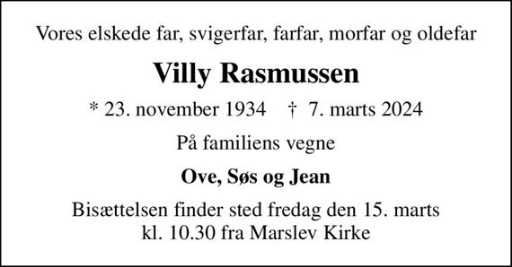 Villy Rasmussen | Dødsannoncer i Danmark