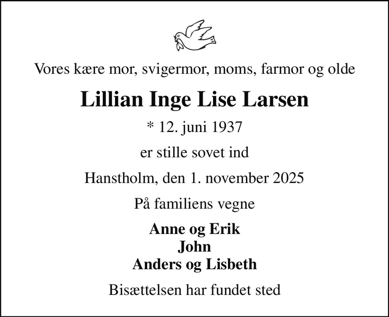 Lillian Inge Lise Larsen | Danmarks største medie for mindesider og ...