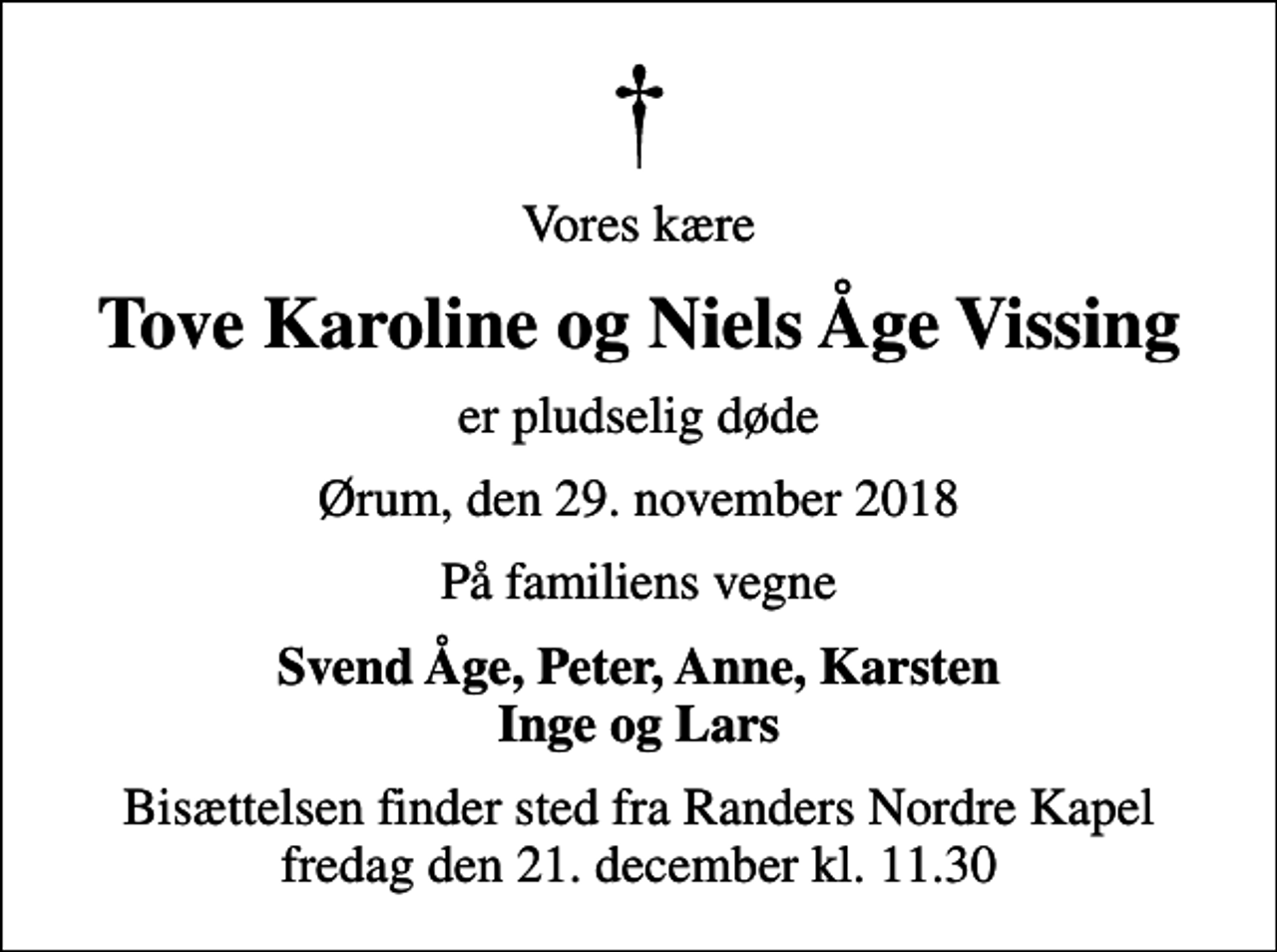 Tove Karoline og Niels Åge Vissing | Dødsannoncer i Danmark