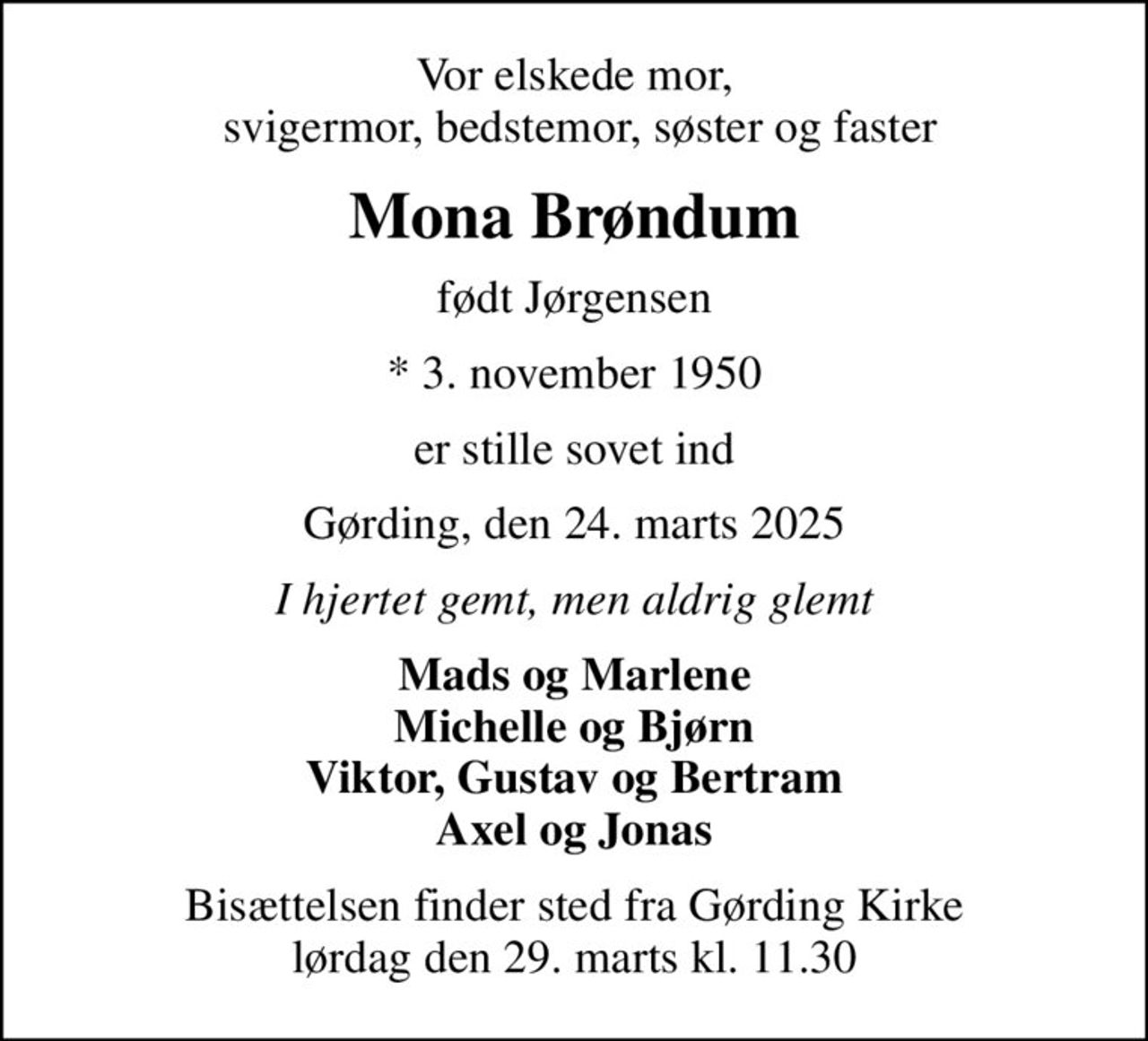 Mona Brøndum | Dødsannoncer i Danmark
