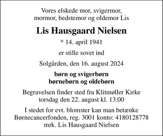 Lis Hausgaard Nielsen | Dødsannoncer i Danmark