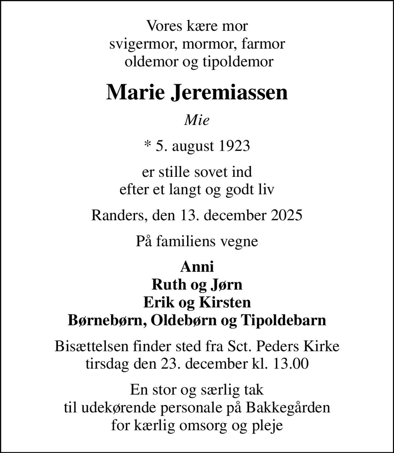 Marie Jeremiassen | Danmarks største medie for mindesider og dødsannoncer