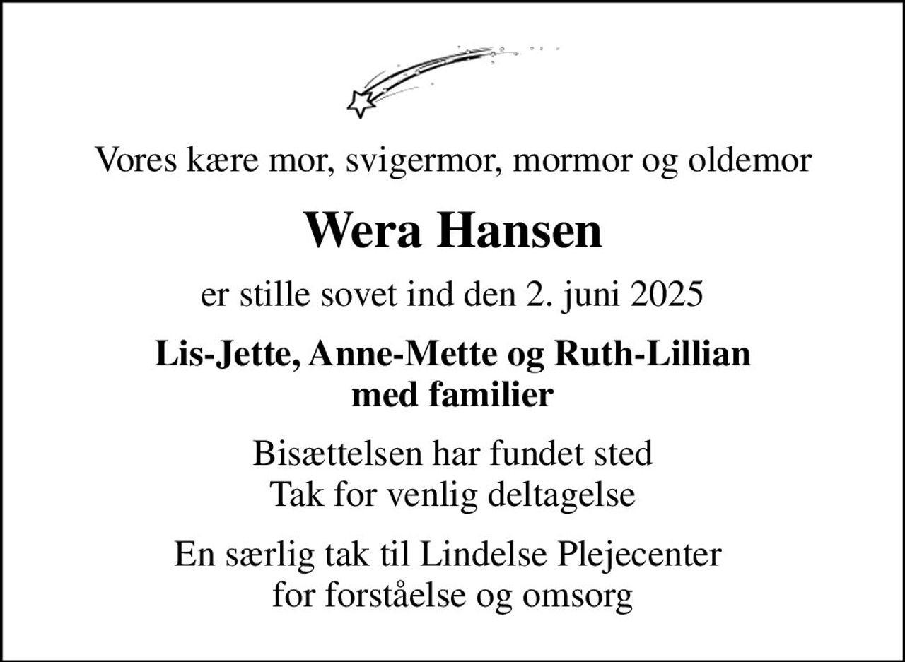 Vera Elisabeth Hansen | Dødsannoncer i Danmark