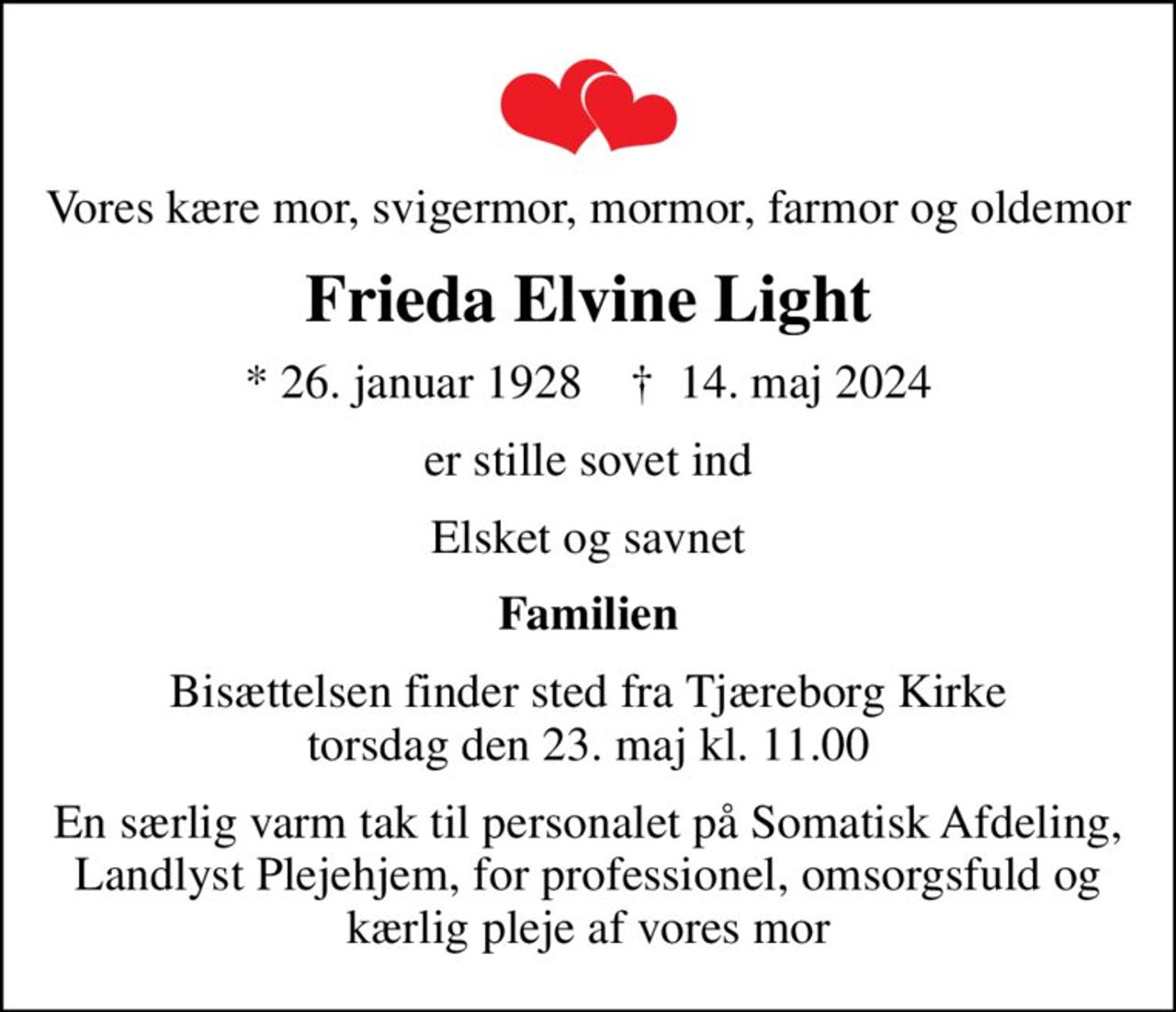 Frieda Elvine Light | Dødsannoncer i Danmark