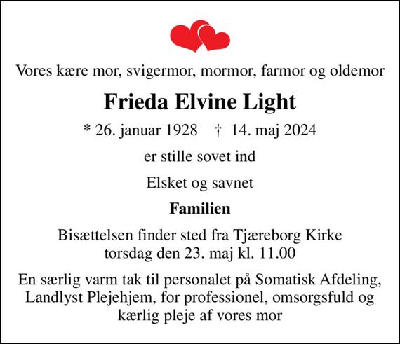 Frieda Elvine Light | Dødsannoncer i Danmark