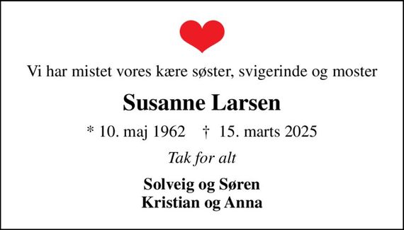 Susanne Larsen | Dødsannoncer i Danmark