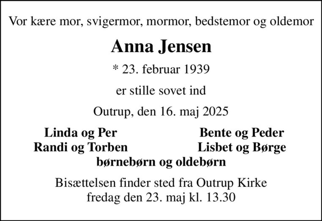 Anna Jensen | Danmarks største medie for mindesider og dødsannoncer