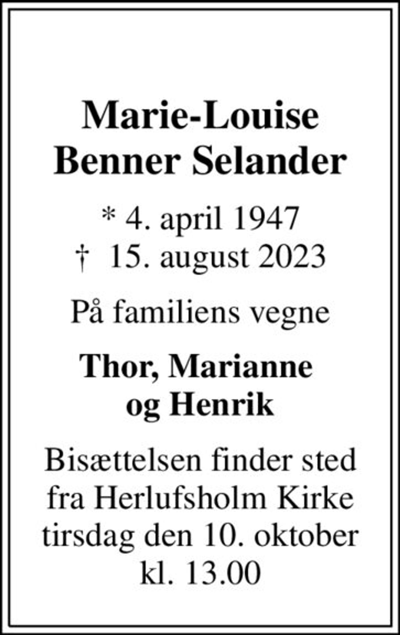 Marie-Louise Benner Selander | Danmarks største medie for mindesider og ...