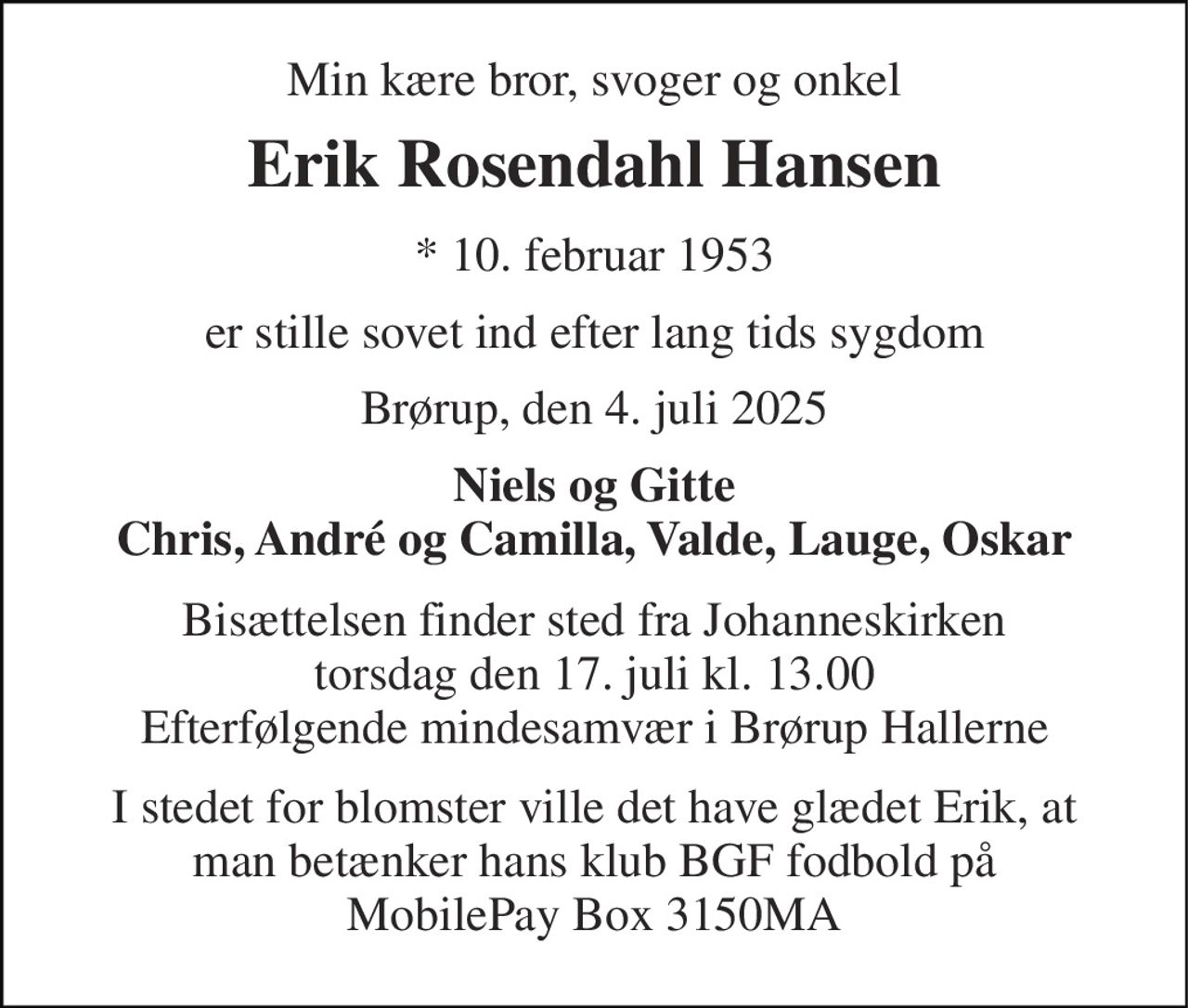 Erik Rosendahl Hansen | Danmarks største medie for mindesider og ...