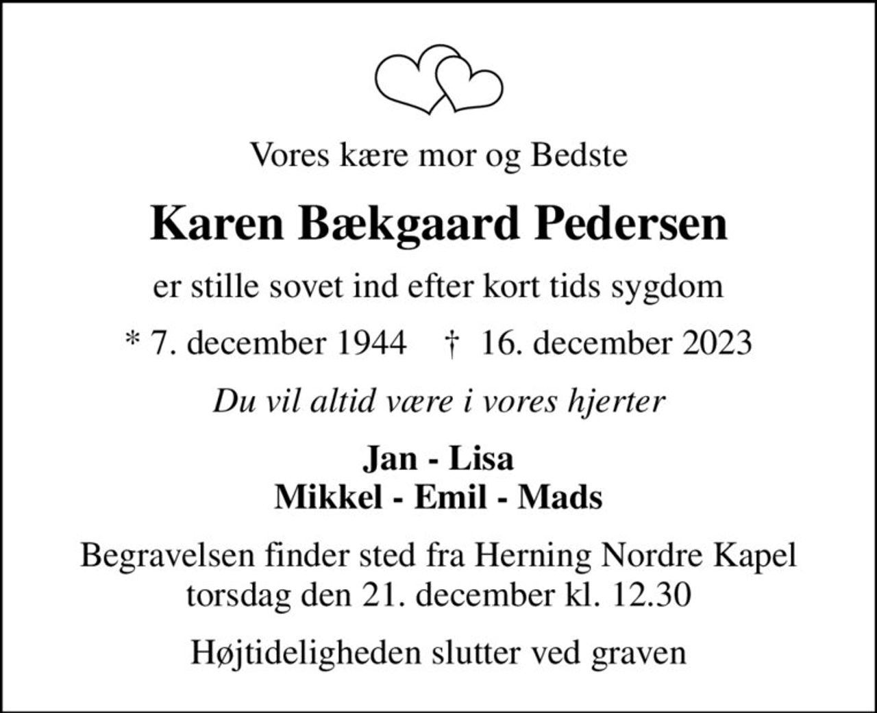 Karen Bækgaard Pedersen | Danmarks største medie for mindesider og ...