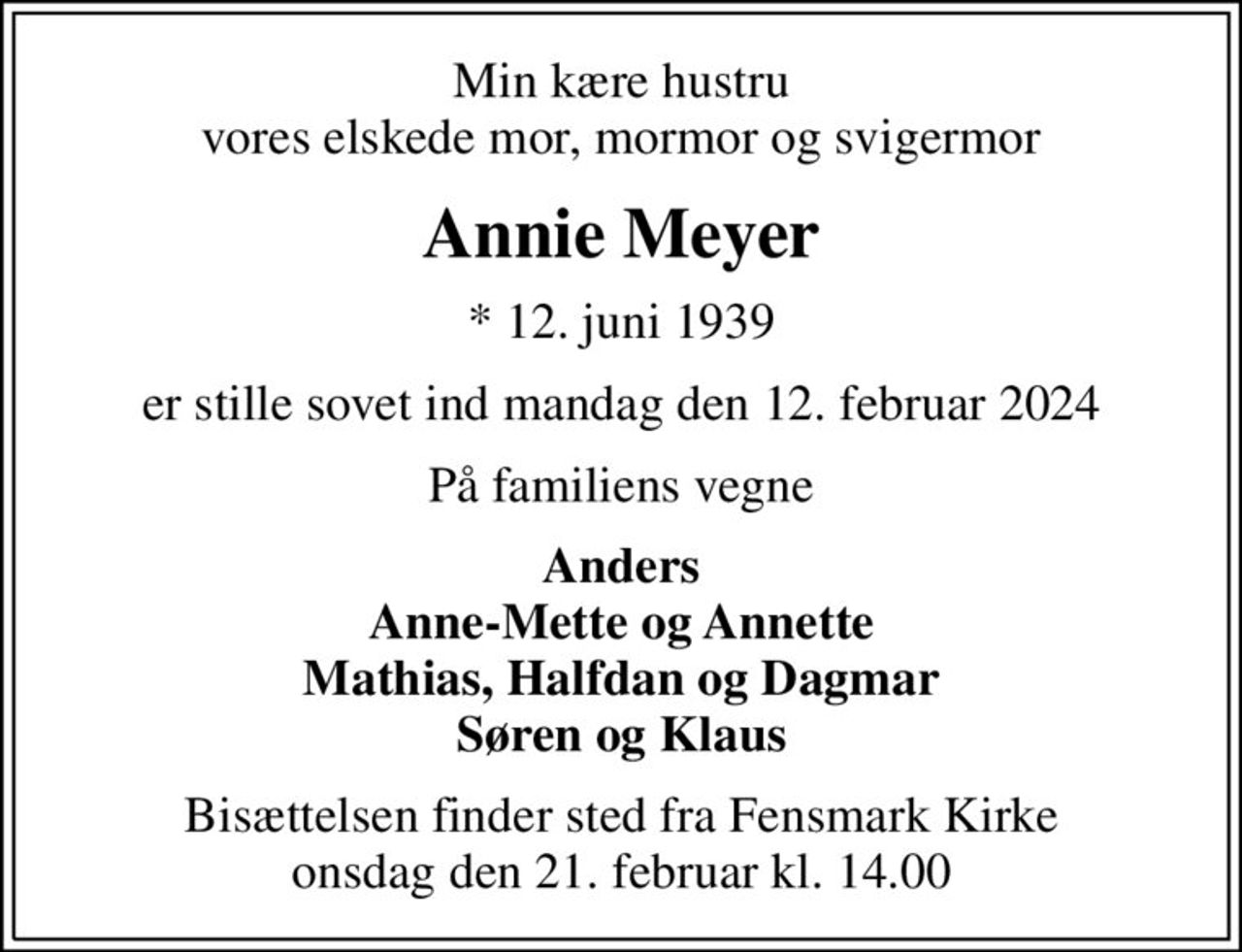 Annie Meyer | Danmarks største medie for mindesider og dødsannoncer