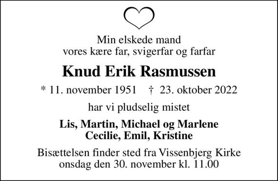 Knud Erik Rasmussen | Dødsannoncer i Danmark