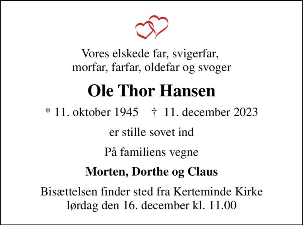 Ole Thor Hansen | Dødsannoncer i Danmark