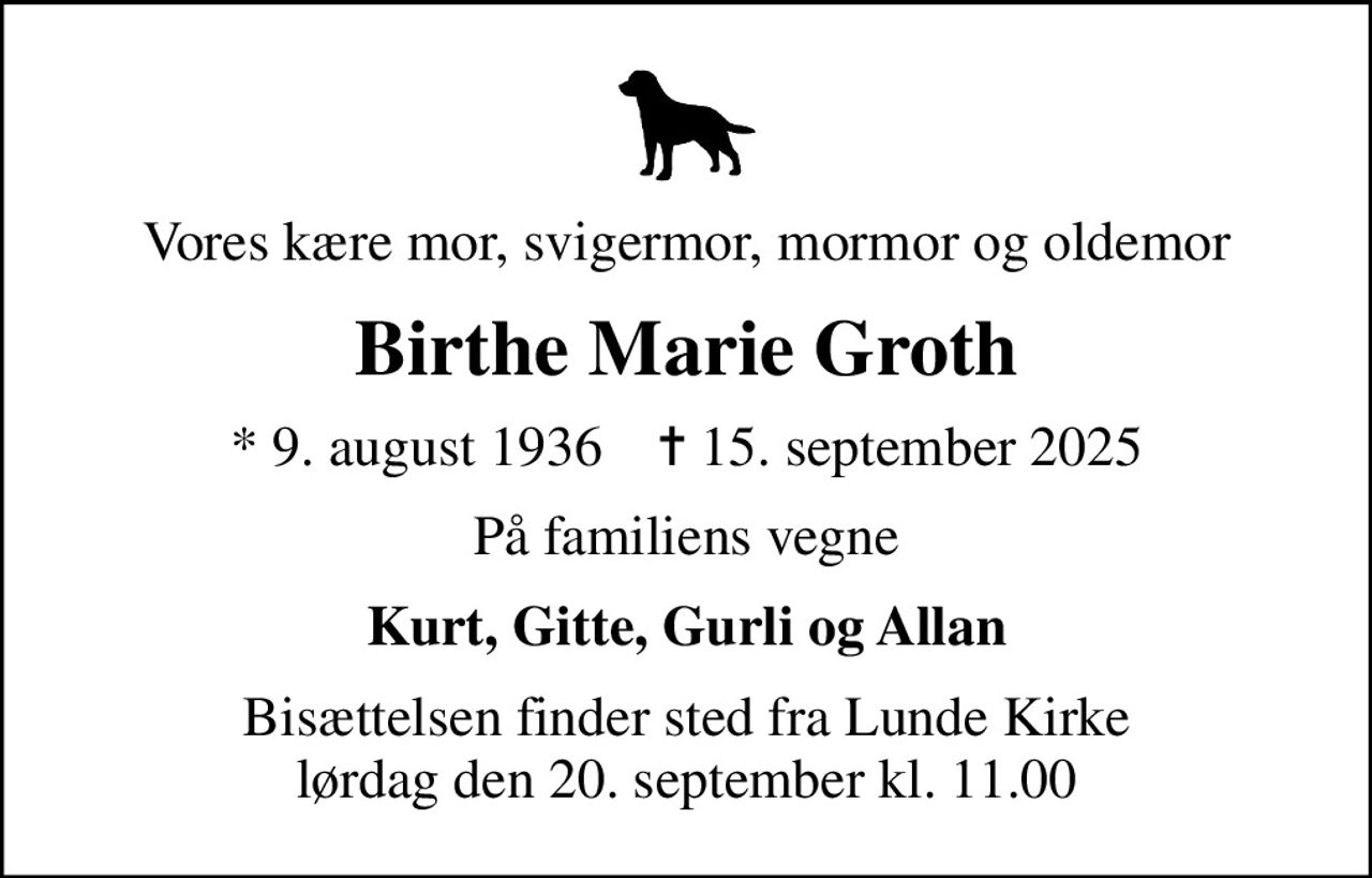 Birthe Marie Groth | Dødsannoncer i Danmark