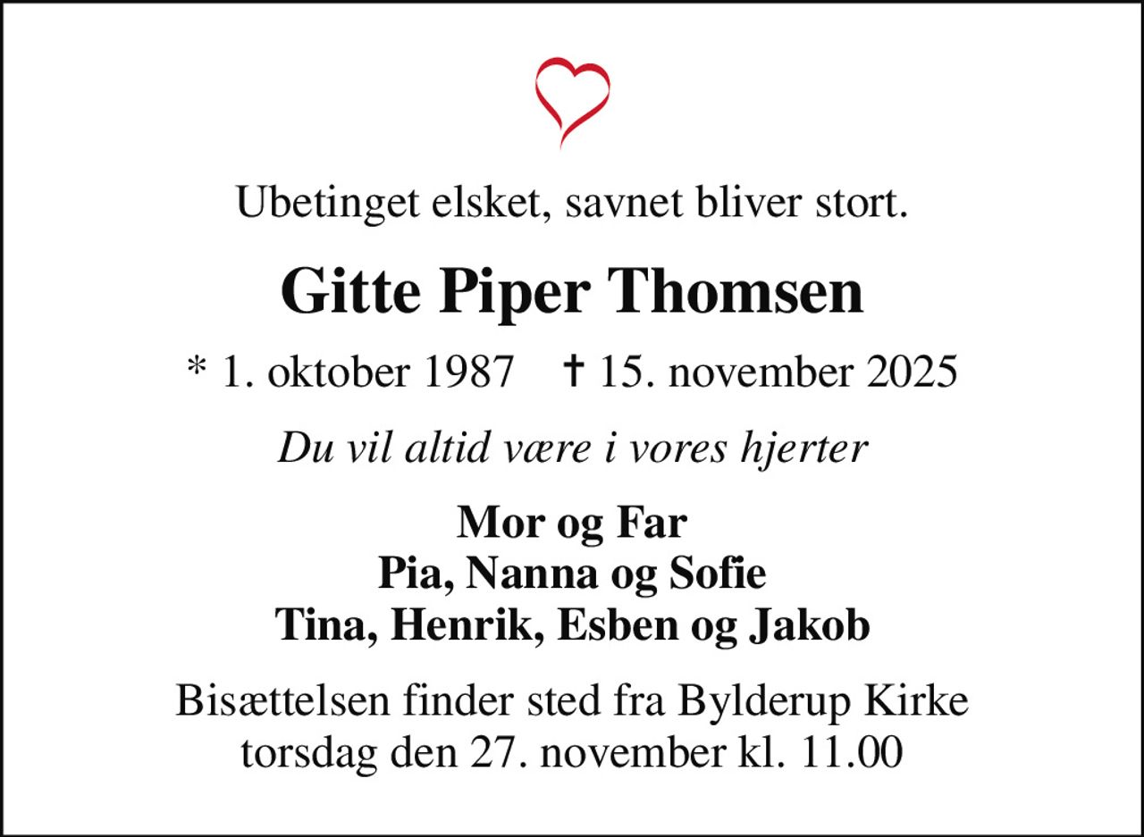 Gitte Piper Thomsen | Danmarks største medie for mindesider og dødsannoncer
