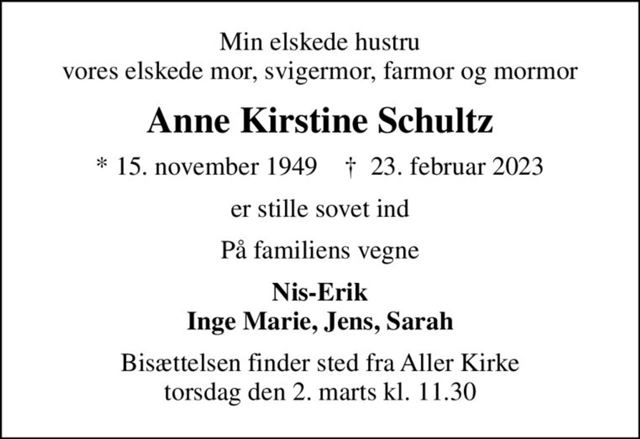 Anne Kirstine Schultz | Dødsannoncer i Danmark