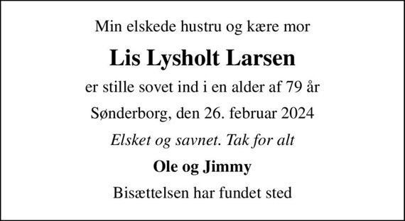 Lis Lysholt Larsen | Dødsannoncer i Danmark