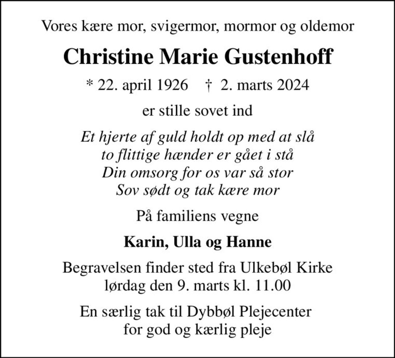 Christine Marie Gustenhoff | Danmarks største medie for mindesider og ...