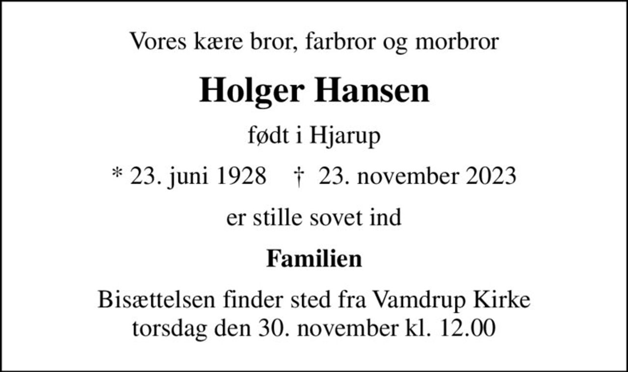 Holger Hansen | Dødsannoncer i Danmark