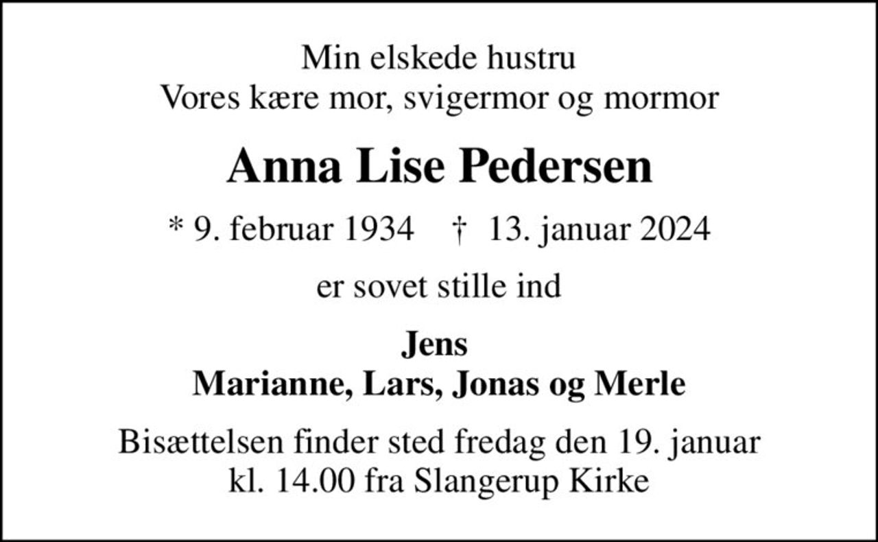 Anna Lise Pedersen | Danmarks største medie for mindesider og dødsannoncer