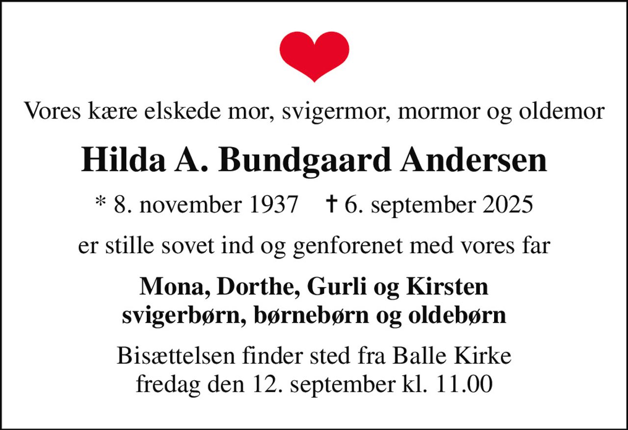 Hilda Agnete Bundgaard Andersen | Dødsannoncer i Danmark