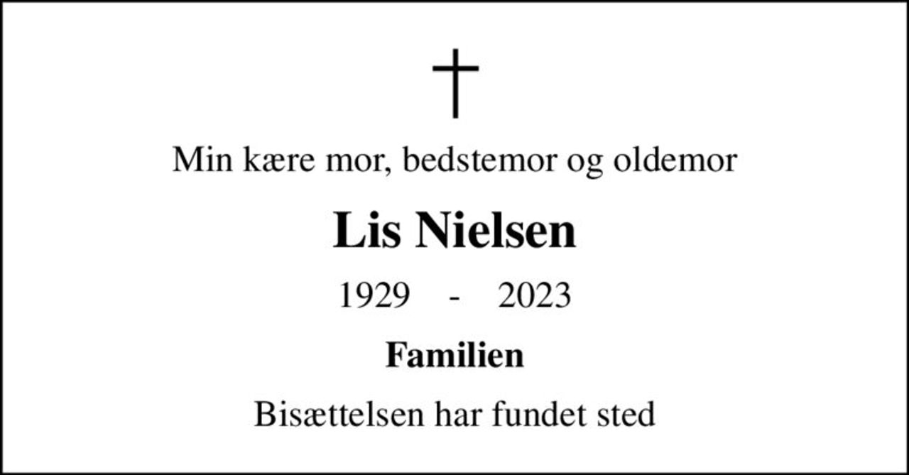 Lis Nielsen | Danmarks største medie for mindesider og dødsannoncer