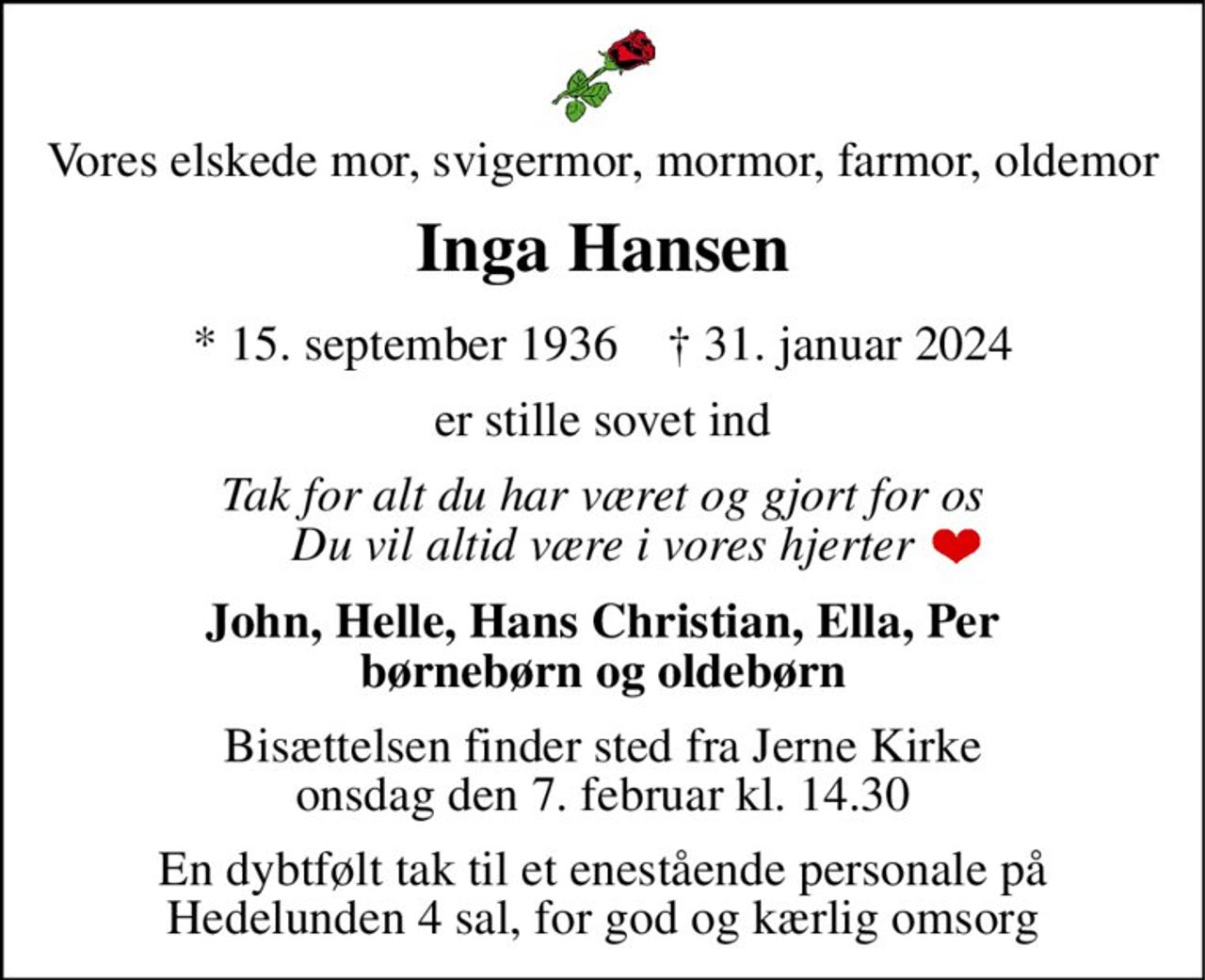 Inga Hansen | Danmarks største medie for mindesider og dødsannoncer