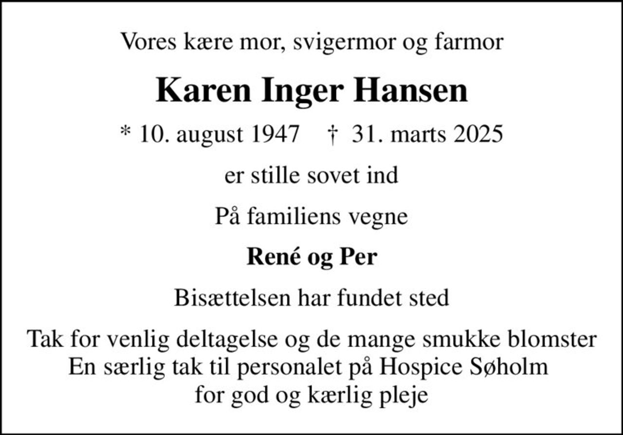 Karen Inger Hansen | Danmarks største medie for mindesider og dødsannoncer