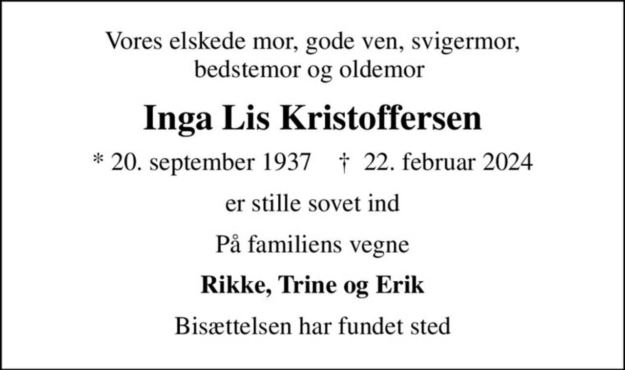 Inga Lis Kristoffersen Dødsannoncer I Danmark