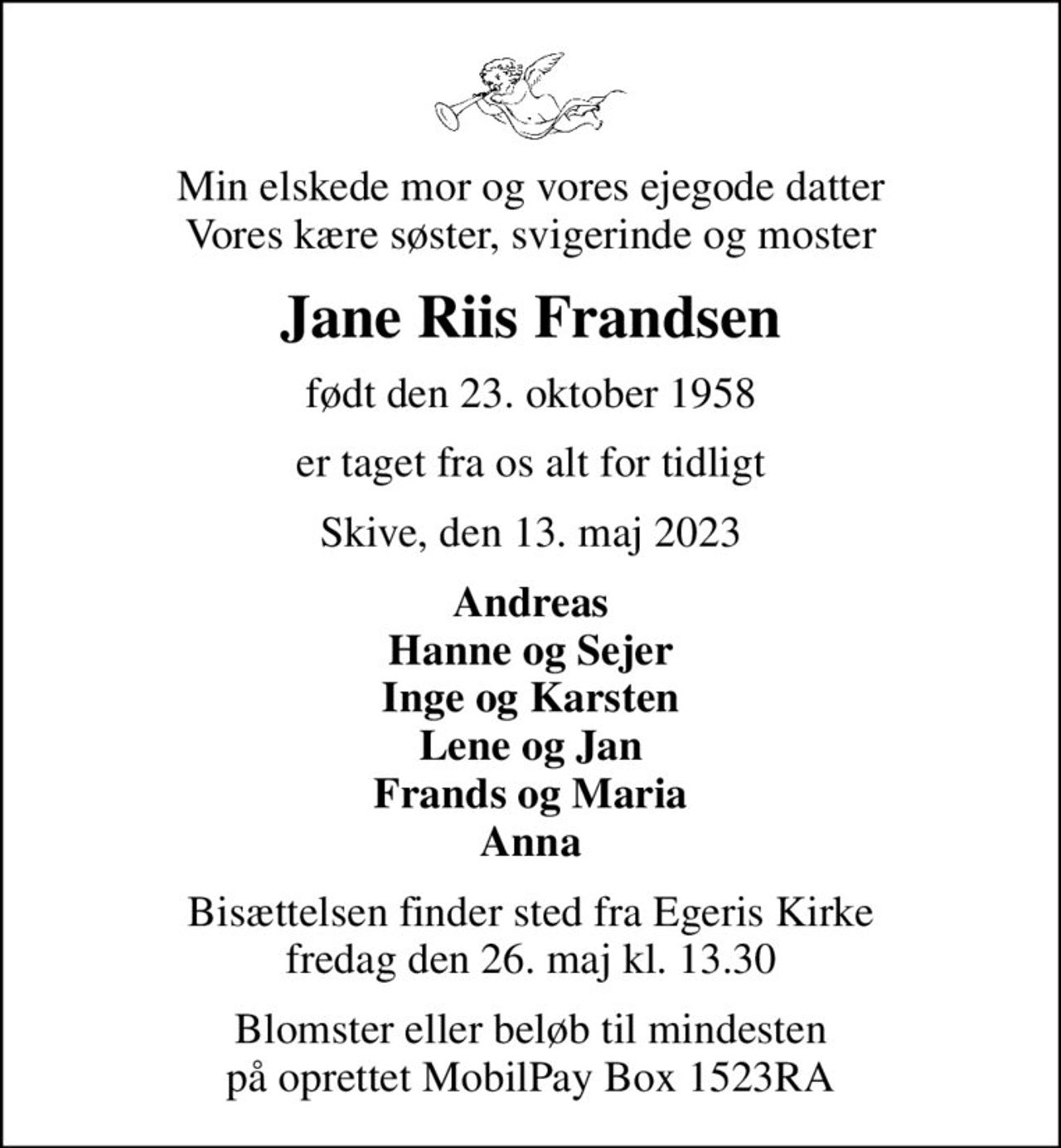 Jane Riis Frandsen | Dødsannoncer i Danmark