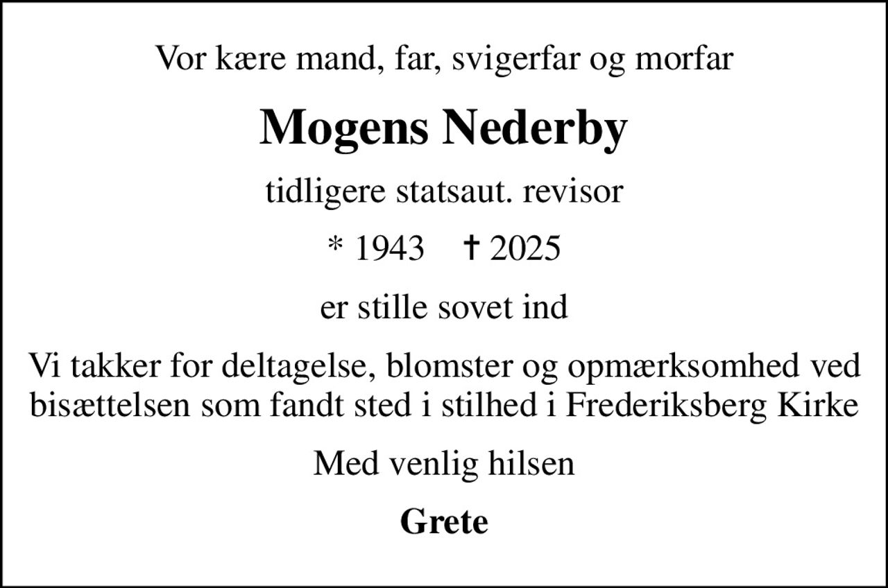Mogens Frederik Jens Niels Carl Christian Nederby | Dødsannoncer i Danmark