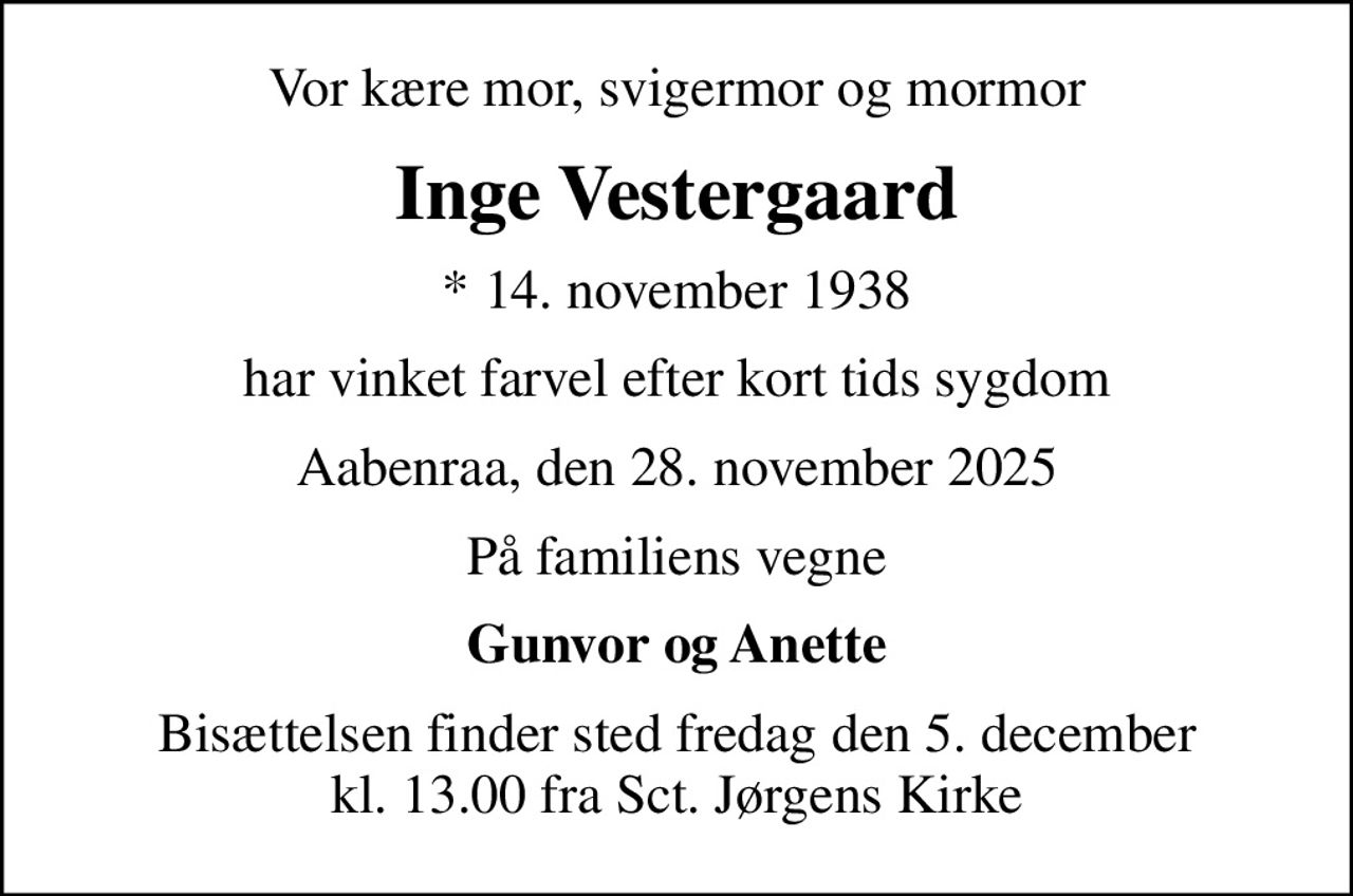 Inge Vestergaard | Danmarks største medie for mindesider og dødsannoncer