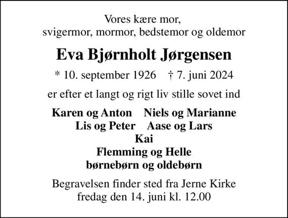 Eva Bjørnholt Jørgensen | Dødsannoncer i Danmark