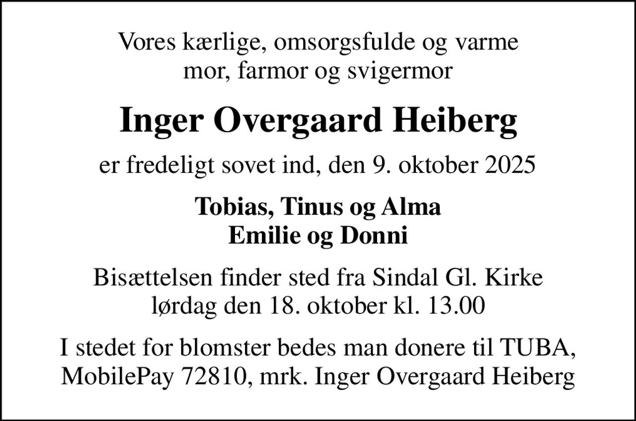 Inger Overgaard Heiberg | Danmarks største medie for mindesider og dødsannoncer