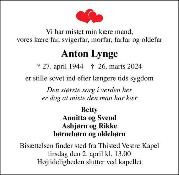 Anton Lynge | Dødsannoncer i Danmark