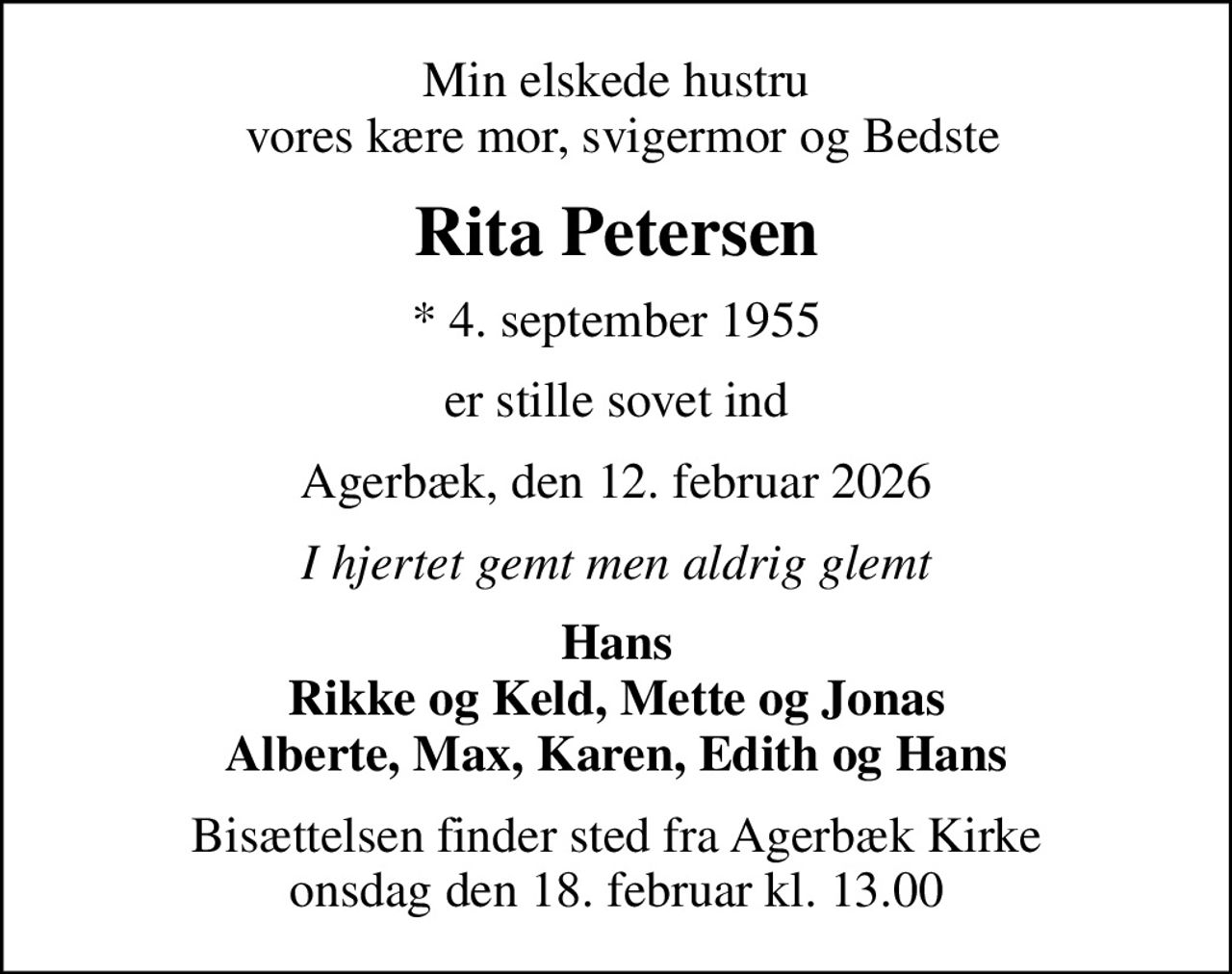Rita Petersen | Danmarks største medie for mindesider og dødsannoncer