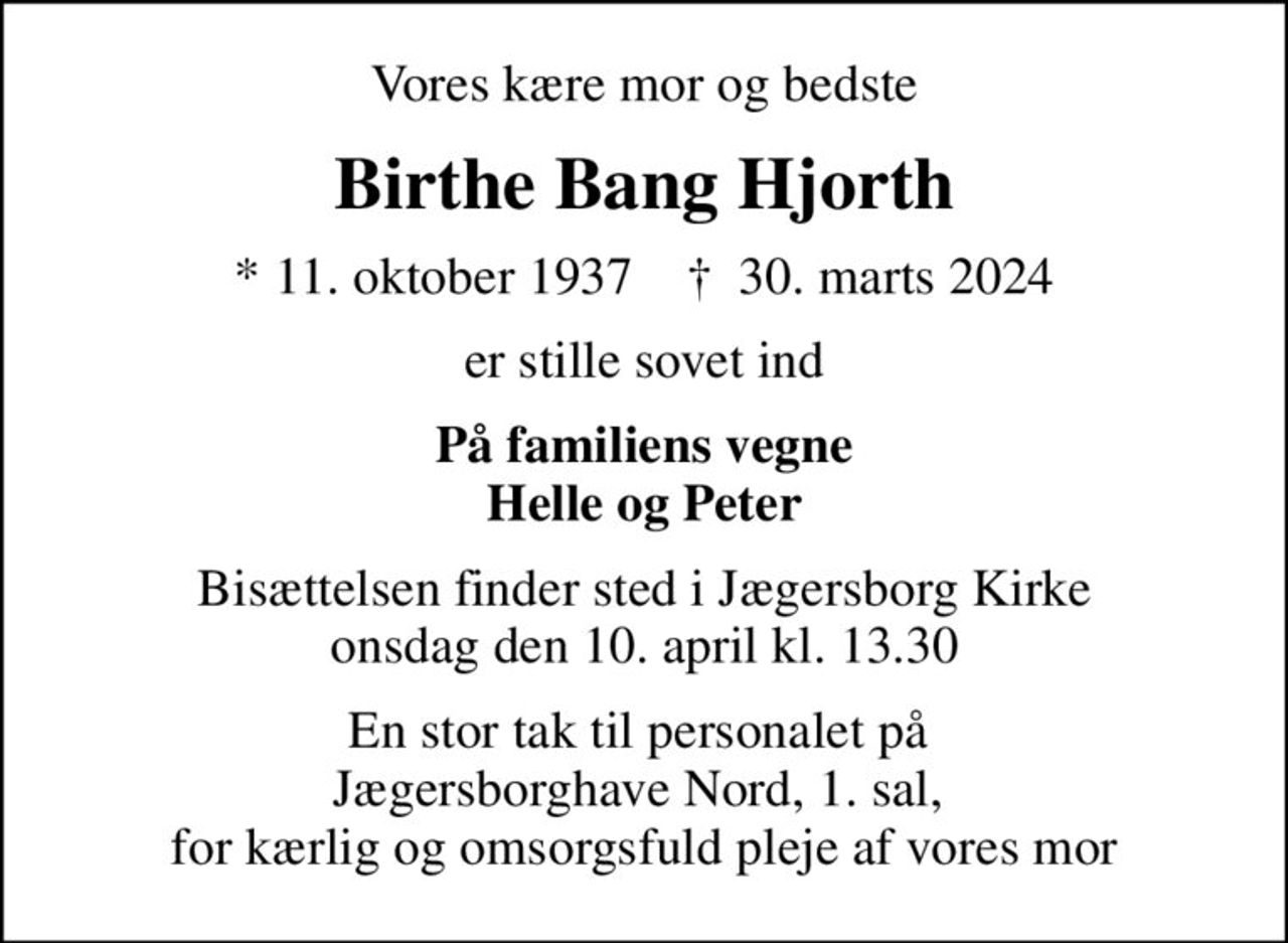 Birthe Bang Hjorth | Dødsannoncer i Danmark