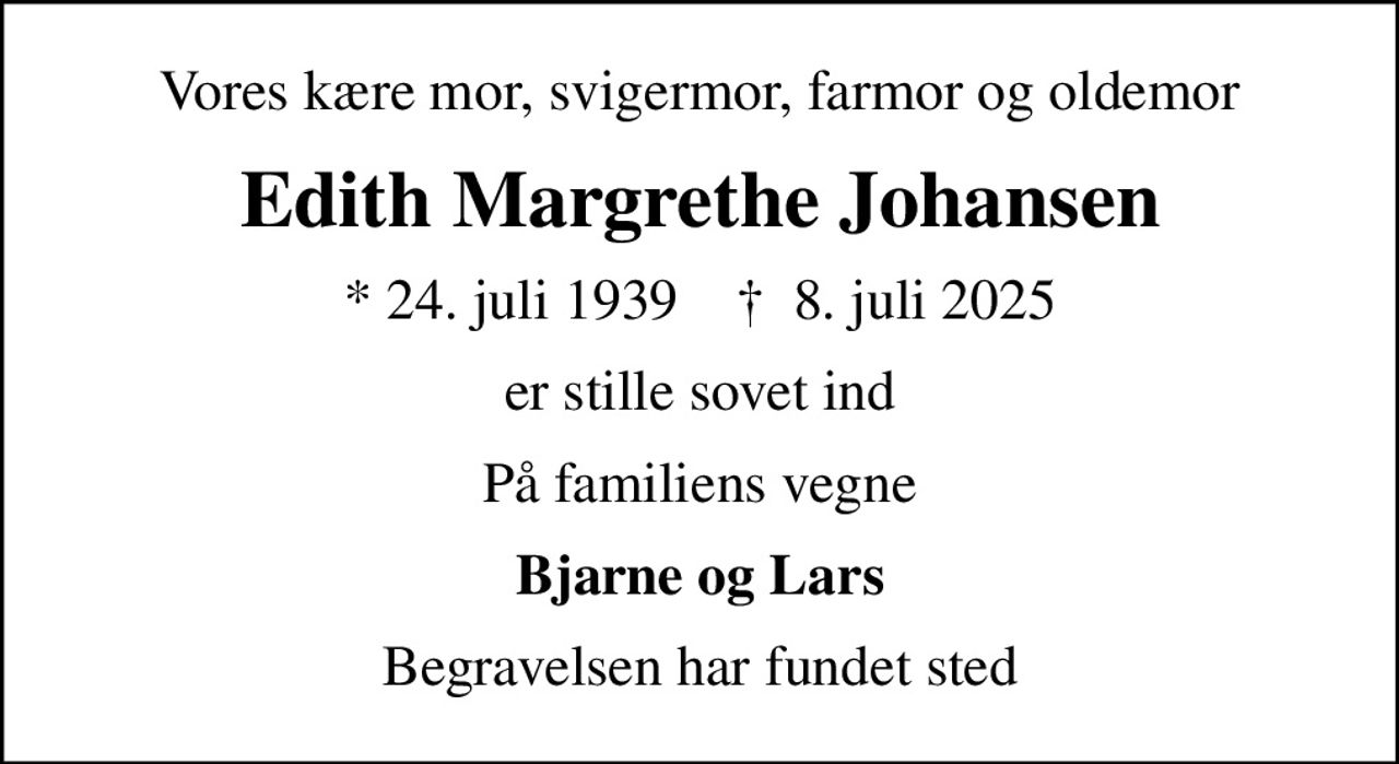 Edith Margrethe Johansen | Dødsannoncer i Danmark