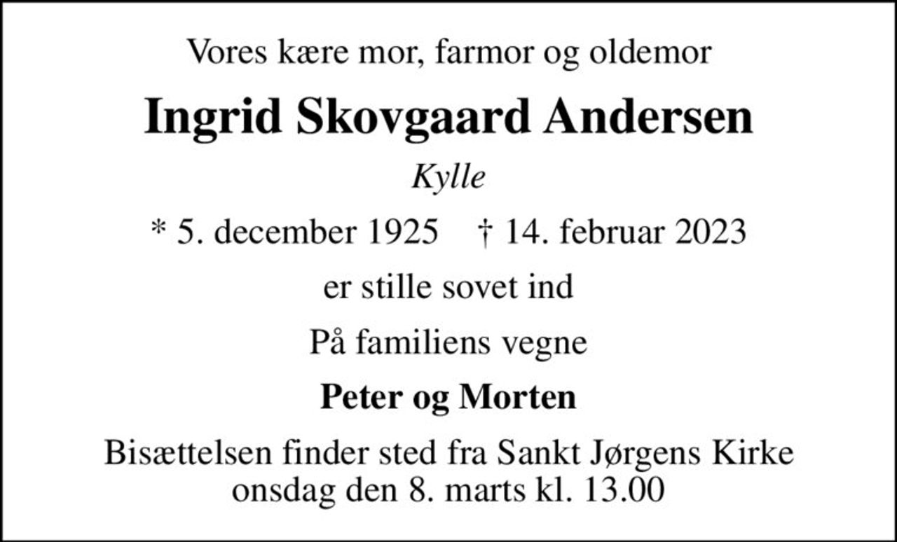 Ingrid Skovgaard Andersen | Dødsannoncer i Danmark