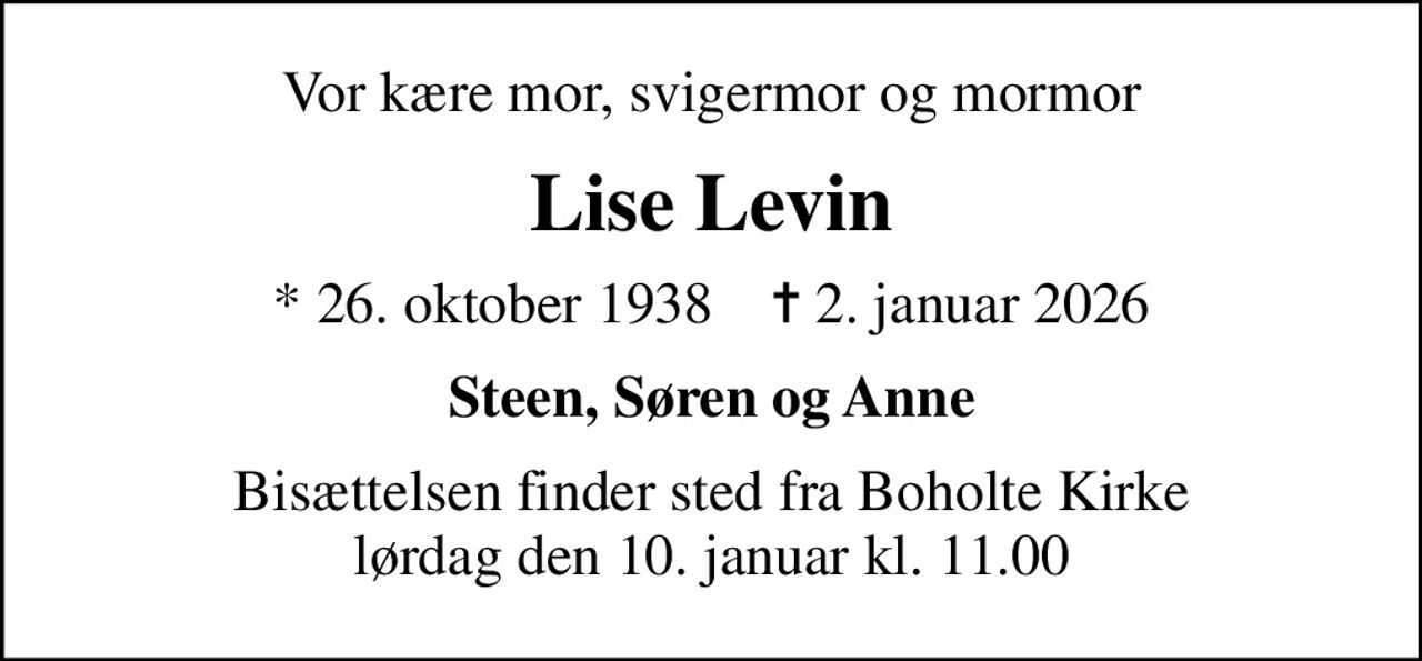 Lise Annie Levin | Danmarks største medie for mindesider og dødsannoncer