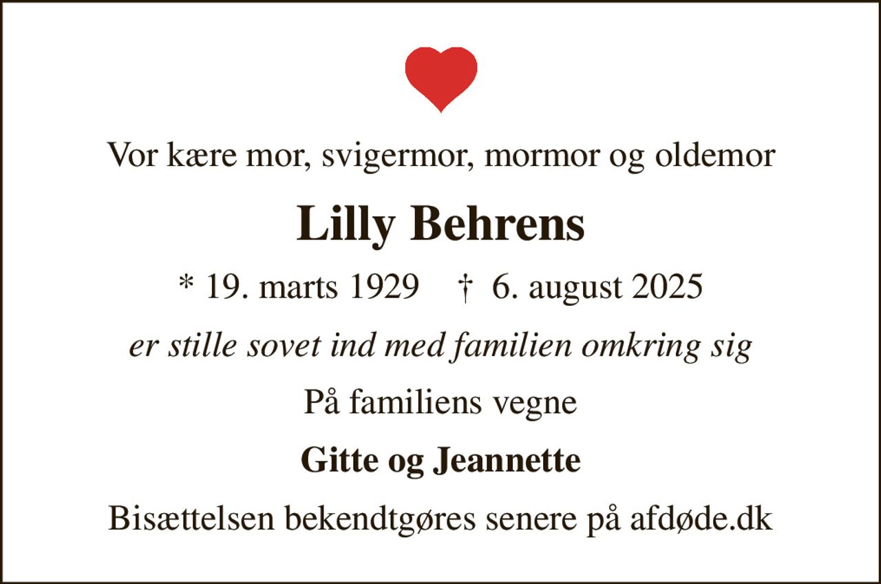 Lilly Krista Behrens | Dødsannoncer i Danmark