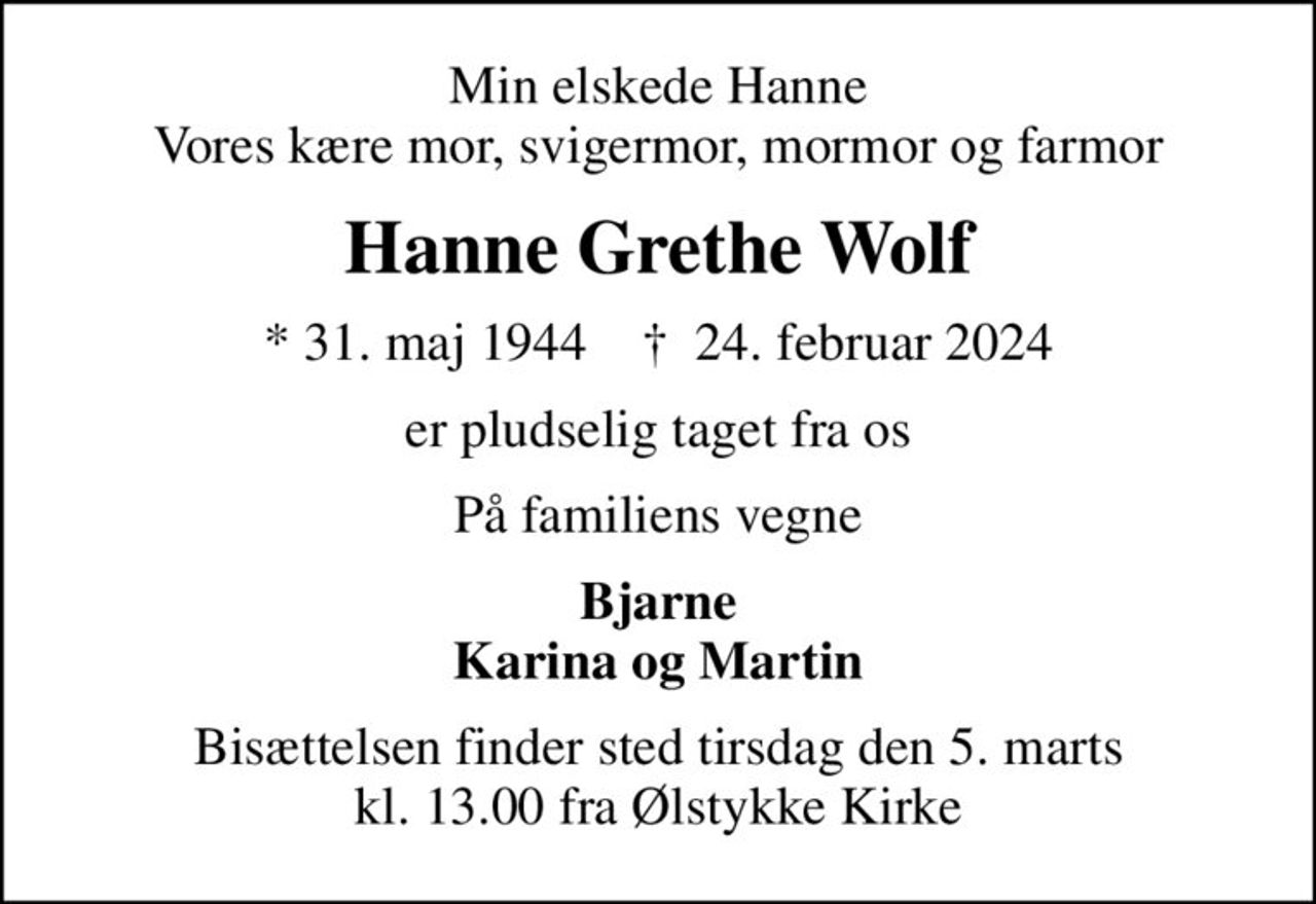 Hanne Grethe Wolf | Dødsannoncer i Danmark