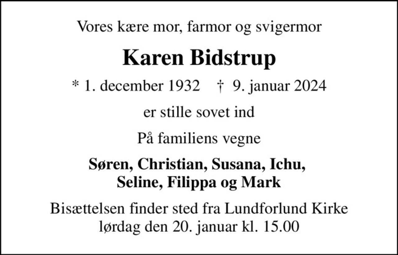 Karen Bidstrup | Dødsannoncer i Danmark