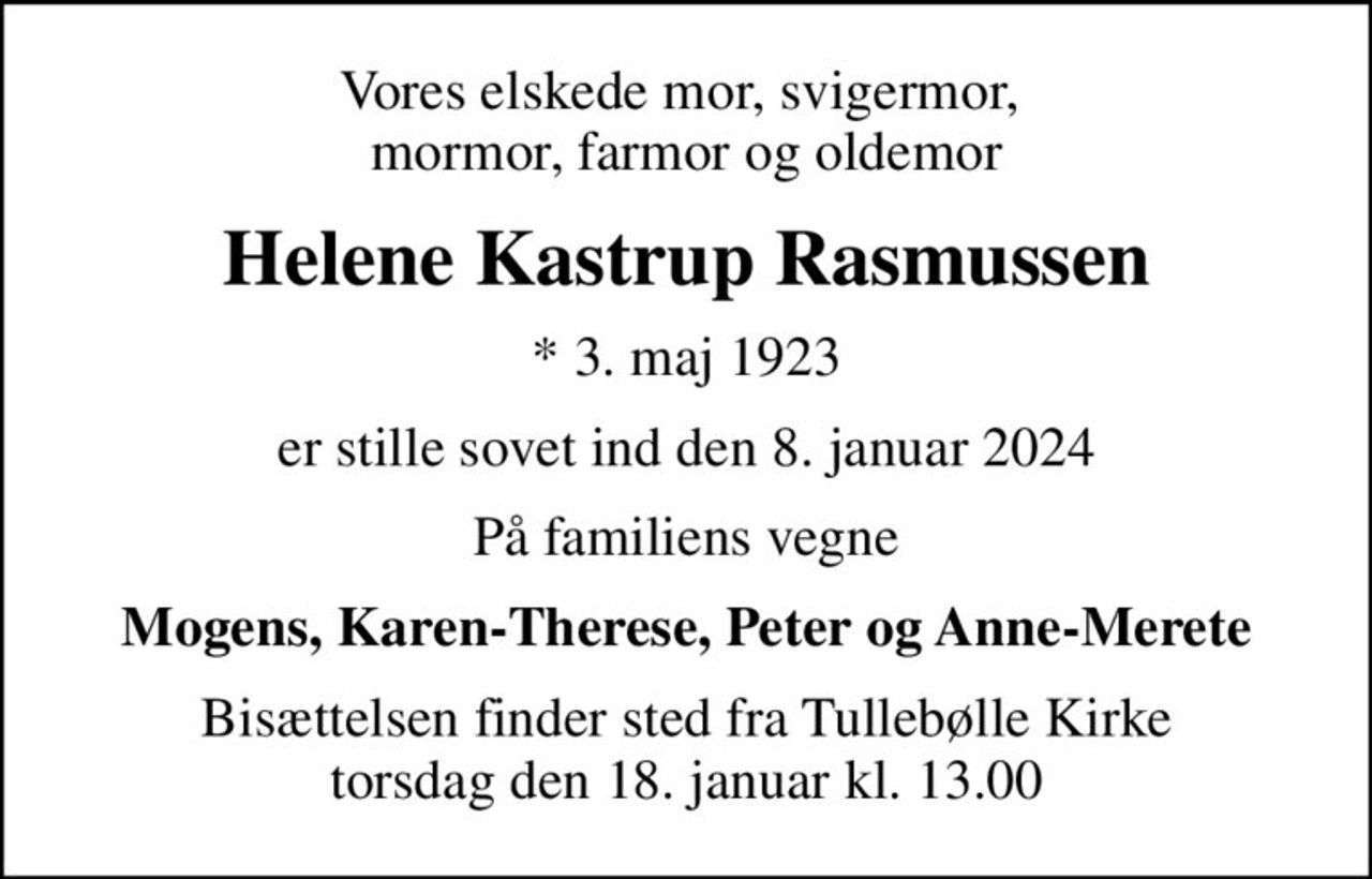 Helene Kastrup Rasmussen | Dødsannoncer i Danmark