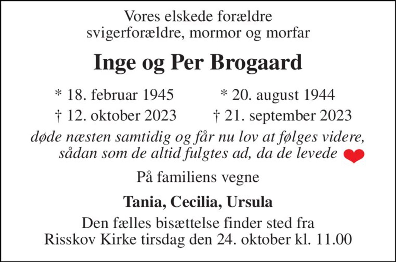 Inge og Per Brogaard | Dødsannoncer i Danmark