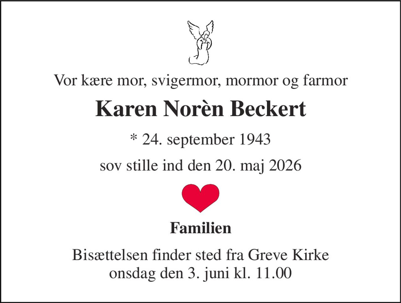 Karen Noren Beckert | Danmarks største medie for mindesider og dødsannoncer